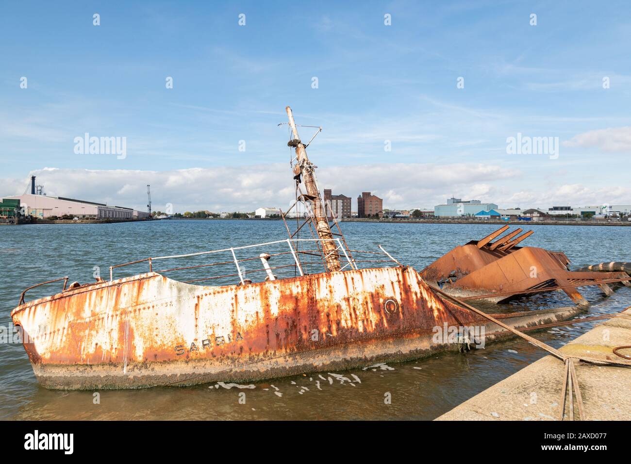 Rusting derelict ship moored Great Float Birkenhead Wirral September ...