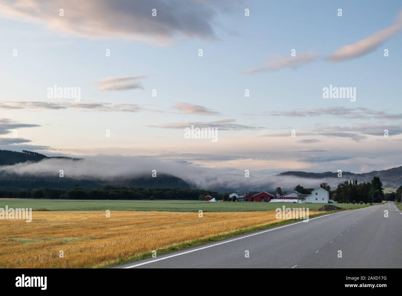 Rural Norway countryside morning sunrise view. Nice small nordic houses ...