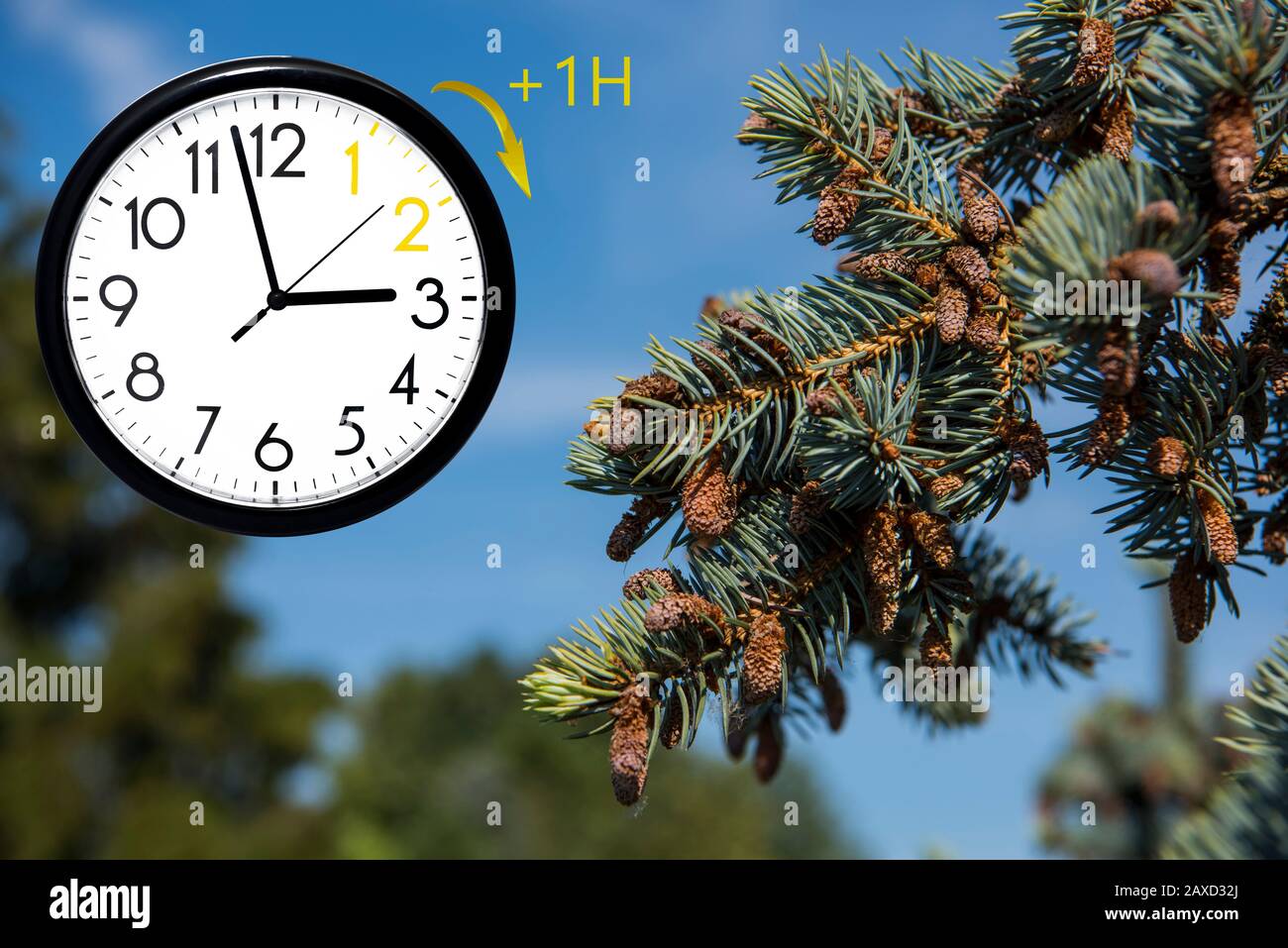Daylight Saving Time (DST). Blue sky with white clouds and clock. Turn ...