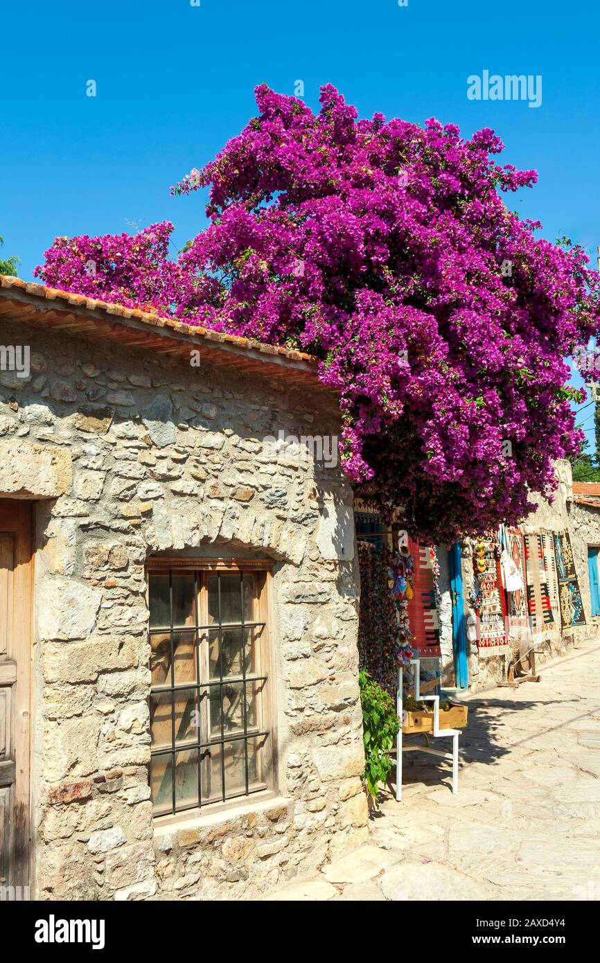 stone house with flowers in Old Datca resort town. also some carpets ...