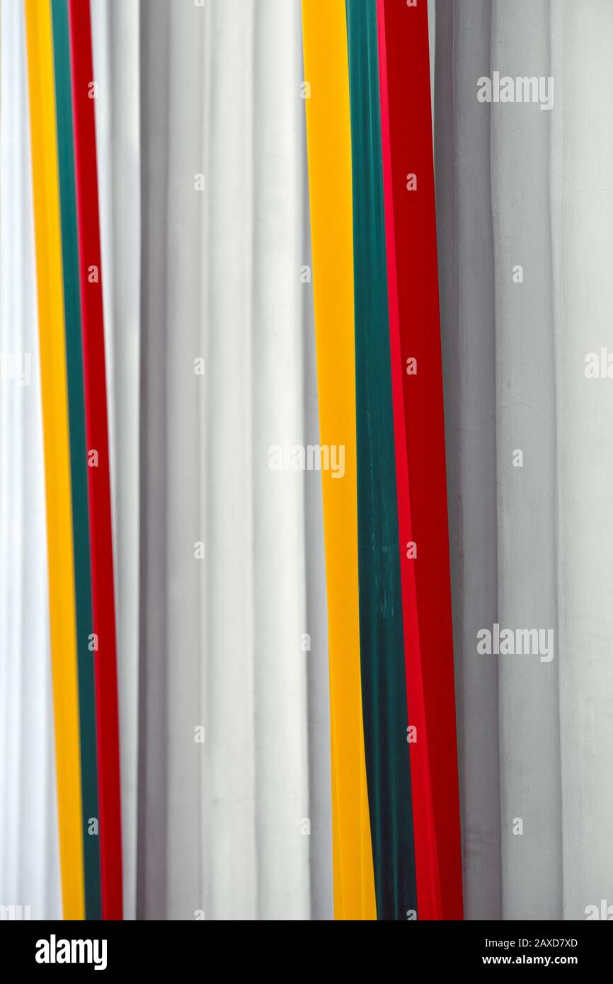 Detail of a column decorated with Lithuanian flags: tricolor of yellow ...