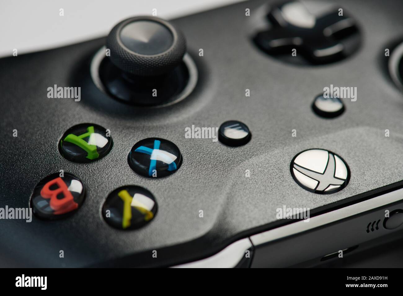 New-York , USA - February 11, 2020: Colorful buttons on xbox black ...