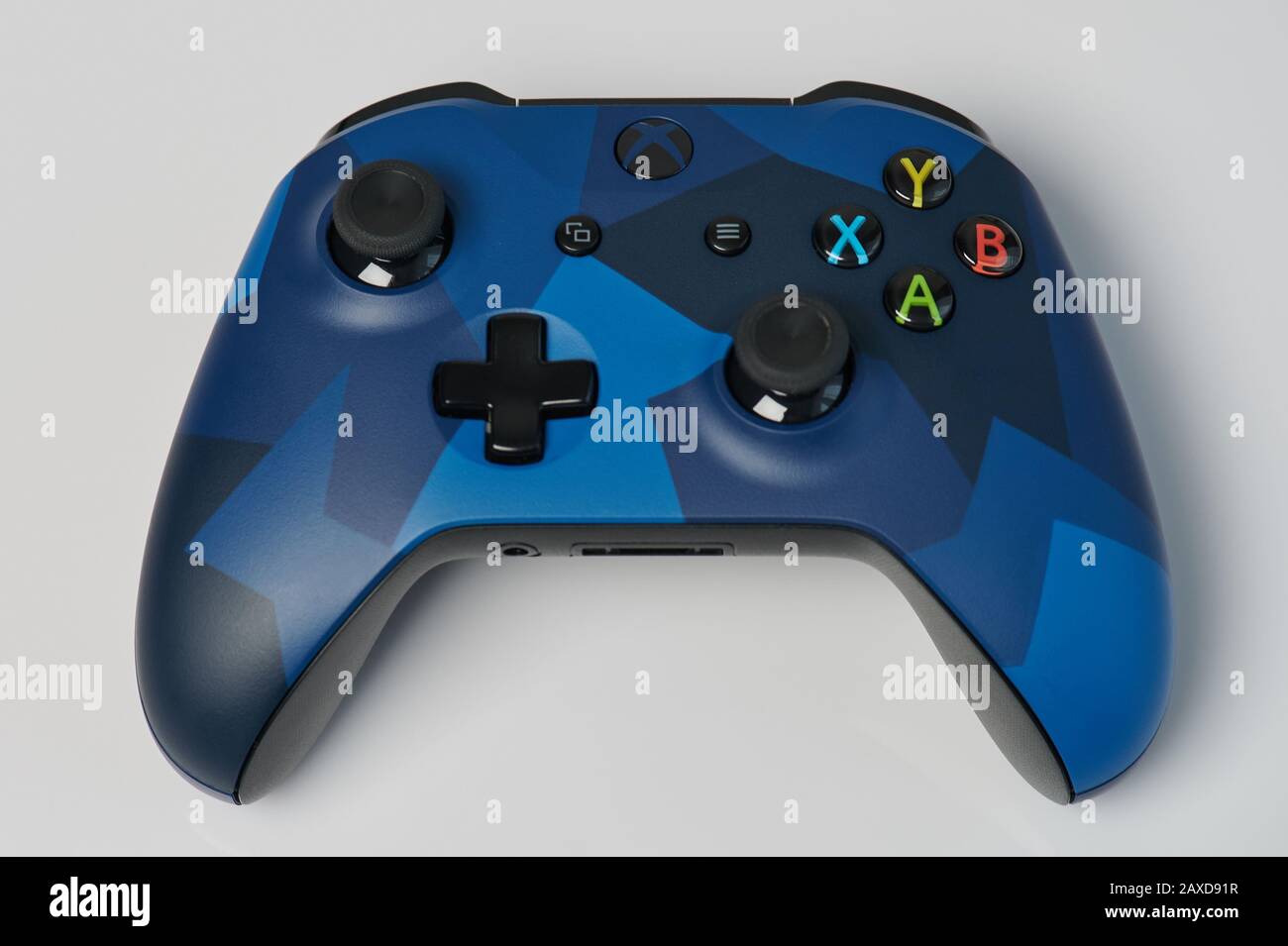 New-York , USA - February 11, 2020: Blue xbox game pad controller ...