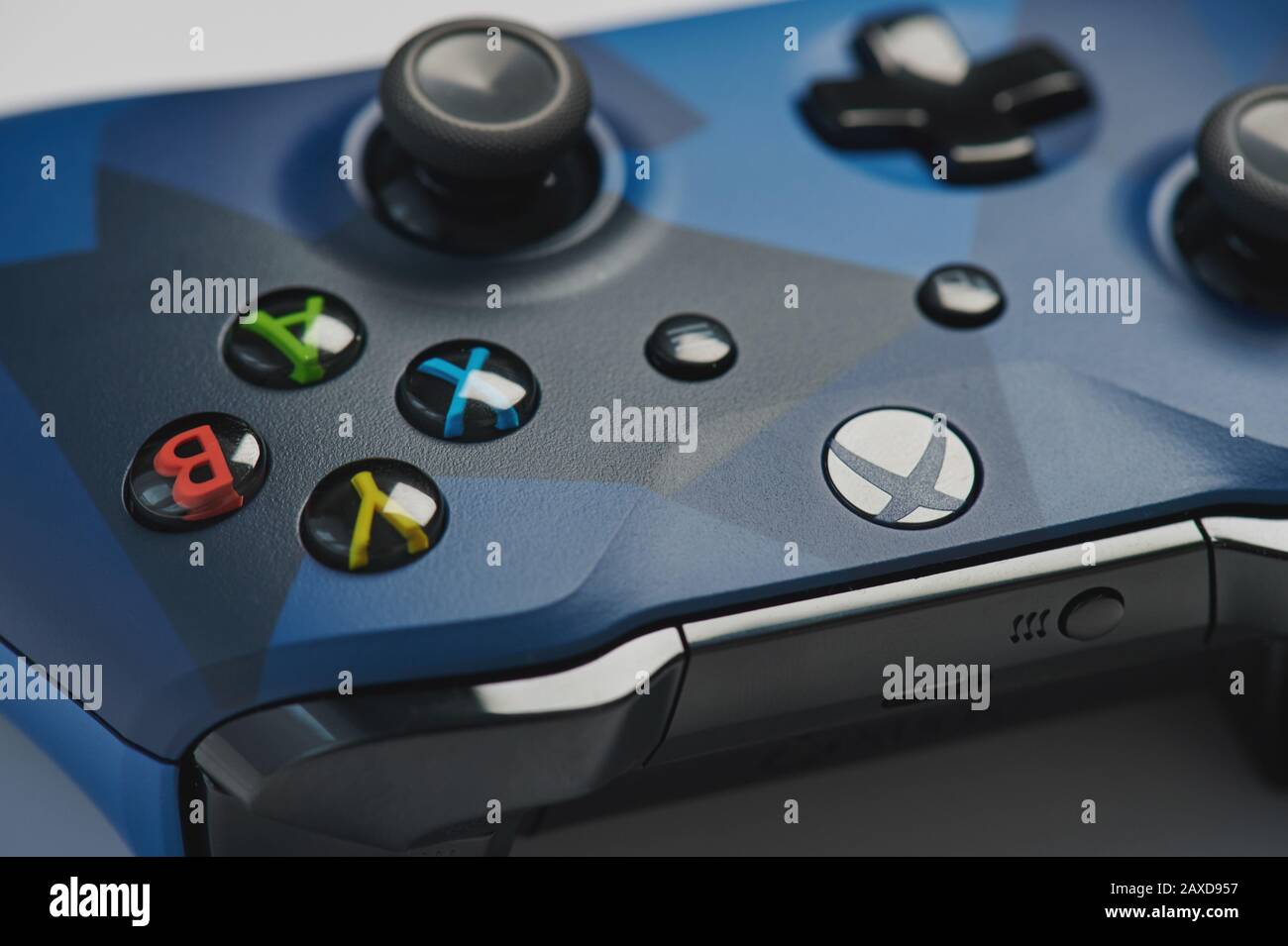 New-York , USA - February 11, 2020: Macro of blue xbox controller with ...