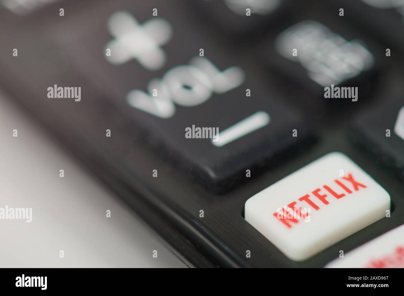 New-York , USA - February 11, 2020: Netflix button on tv remote macro ...