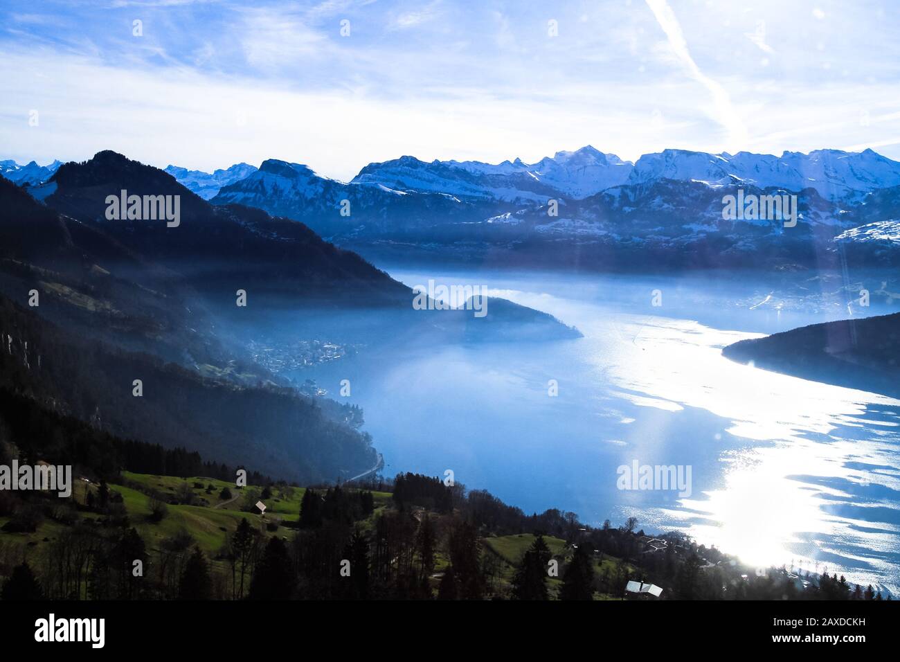 Panaramic skyline view of snow-capped mountains imposingly towering ...