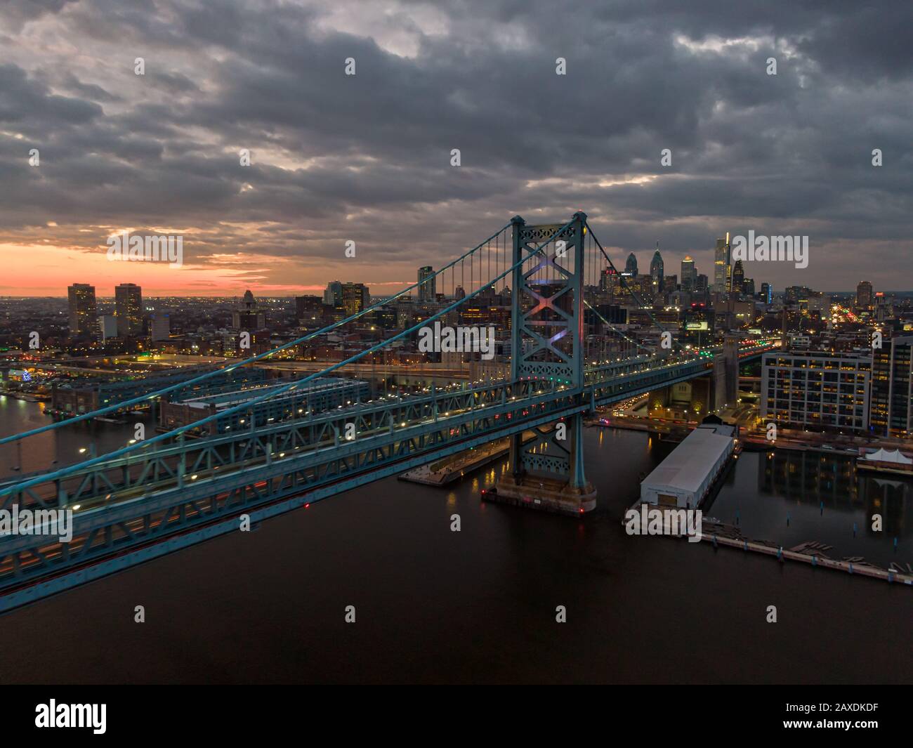 Illuminated night skyline of Philadelphia, aerial view of modern ...