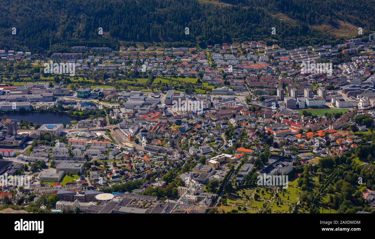 BERGEN, NORWAY - Aerial view of city of Bergen and harbour Stock Photo ...