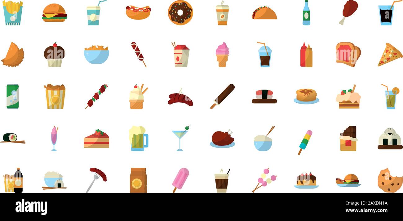 Flat style icon set design, Eat fast food restaurant menu dinner lunch ...