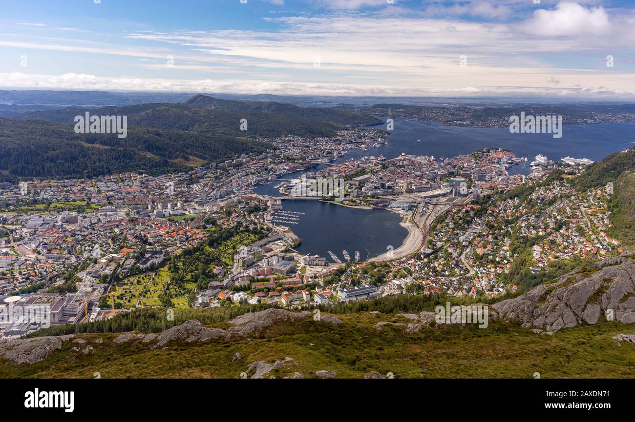 BERGEN, NORWAY - Aerial view of city of Bergen and harbor Stock Photo ...