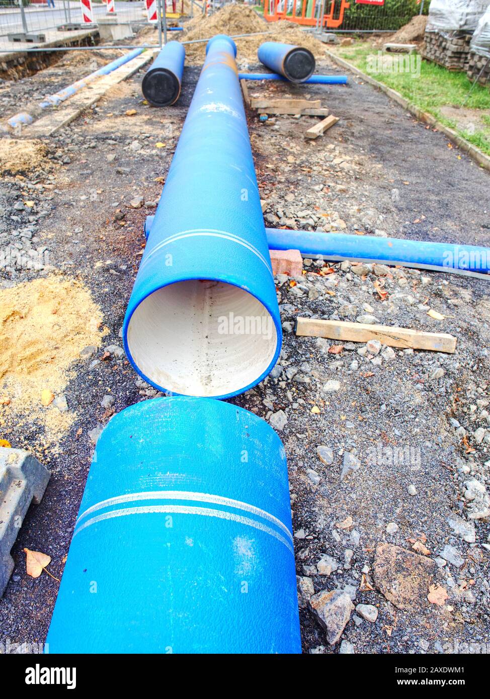 HDPE pipe ready for welding. City underground portable water system ...