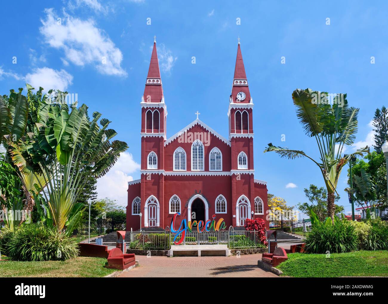 The all metal red and white catholic church in Grecia Costa Rica, sits ...
