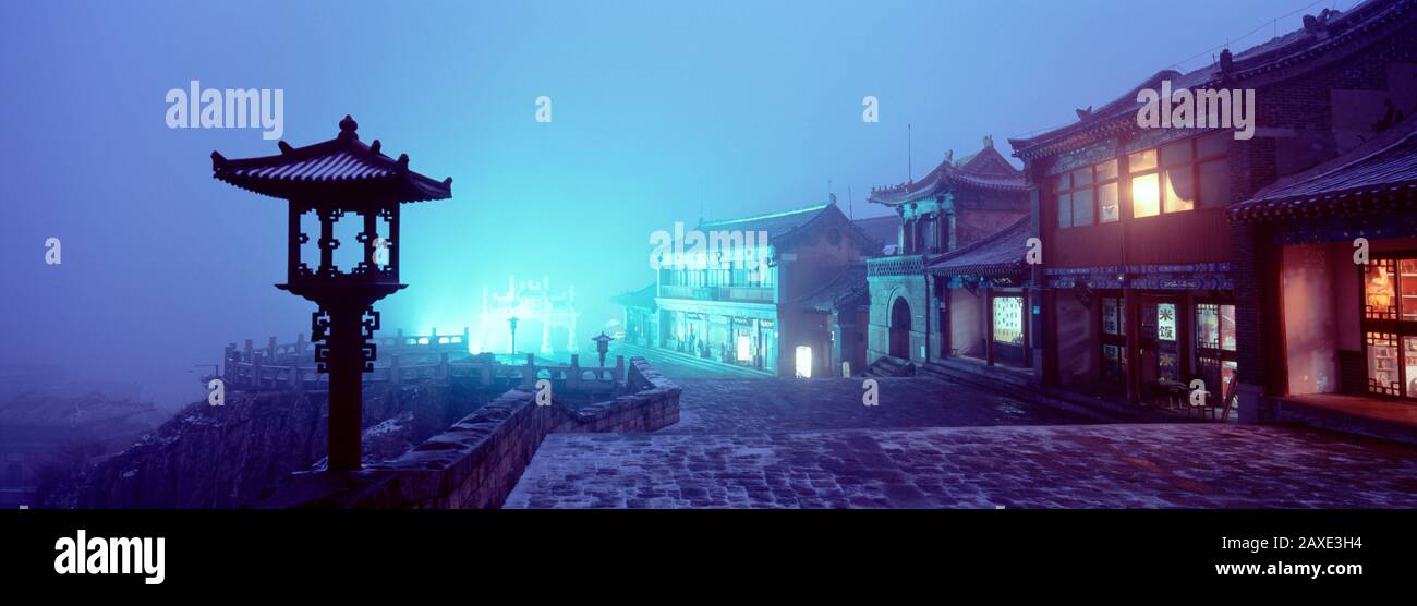 Buildings lit up at night, Mount Taishan, Shandong Province, China ...