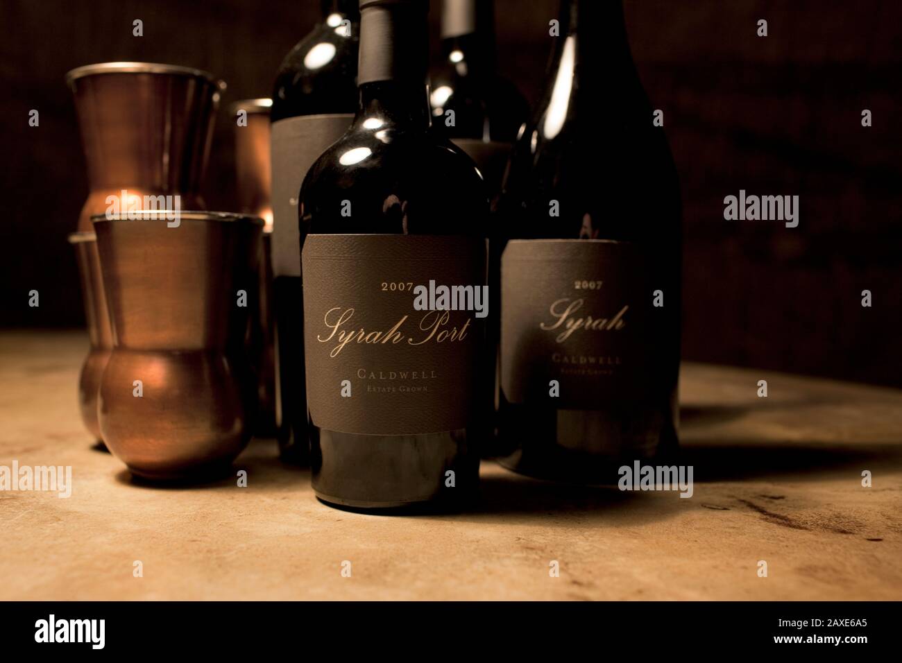 Bottles of wine and tasting cups Stock Photo - Alamy