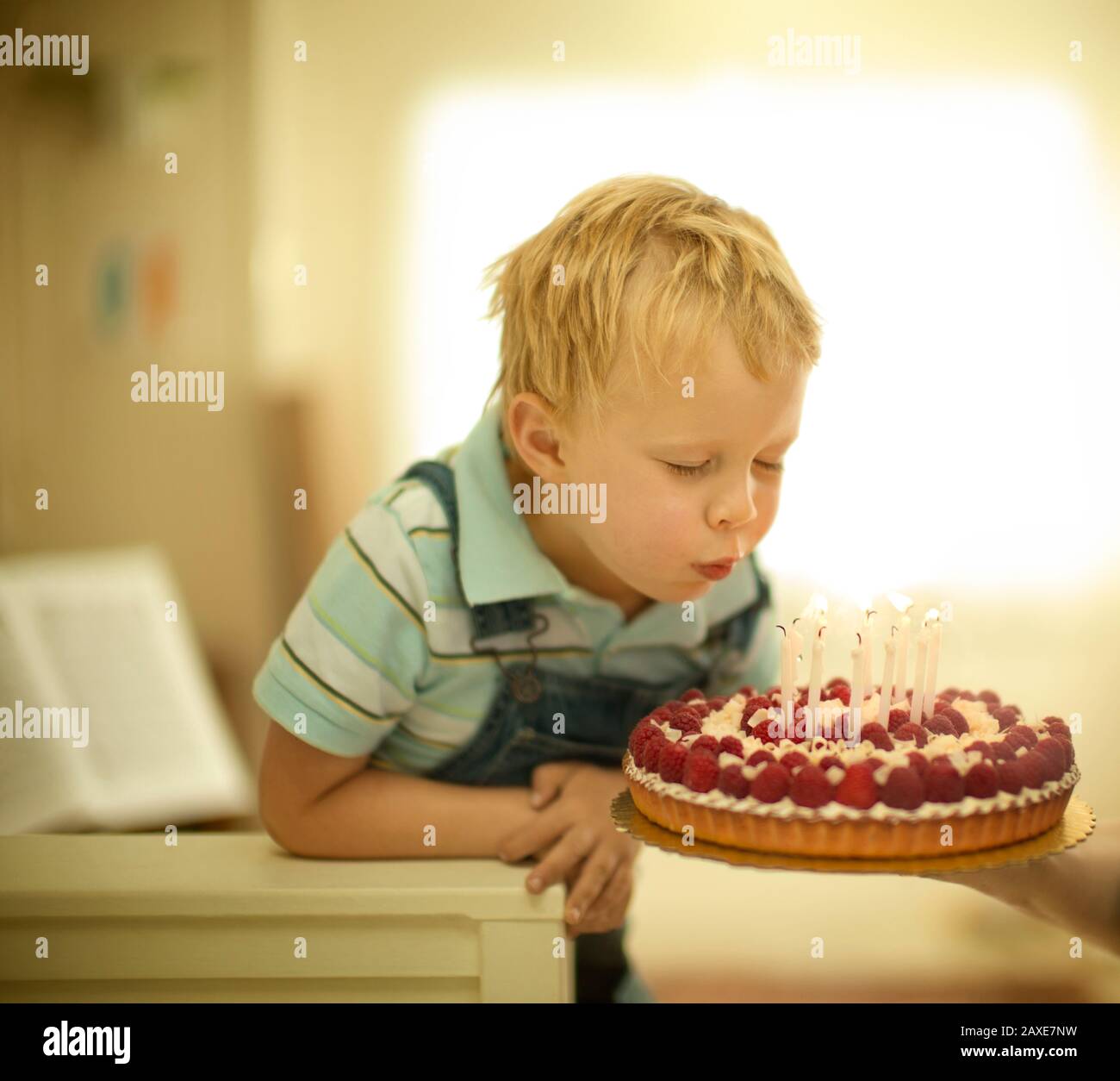 Boy blowing out candles on his birthday cake Stock Photo - Alamy