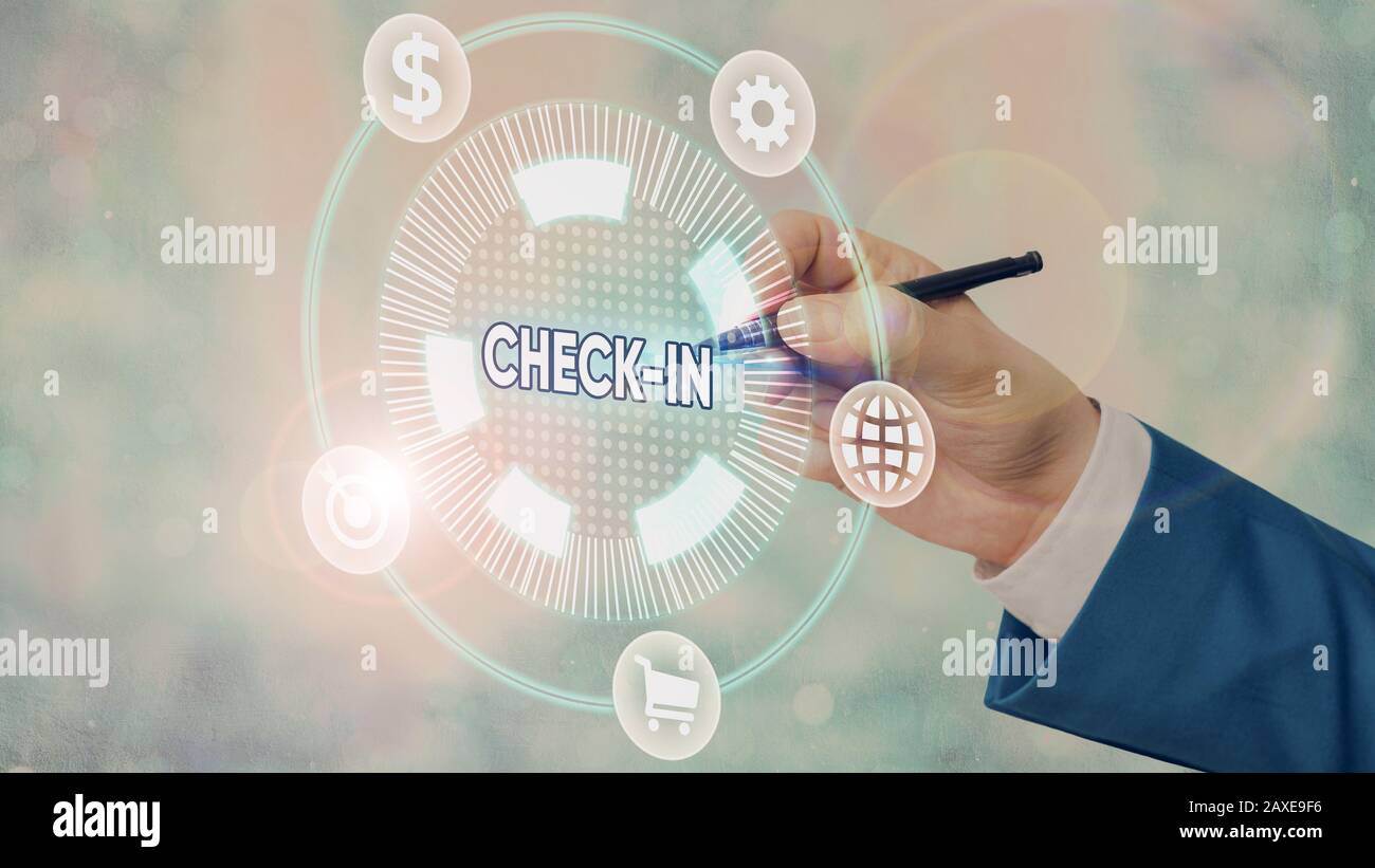 Conceptual hand writing showing Check In. Concept meaning Procedure by ...