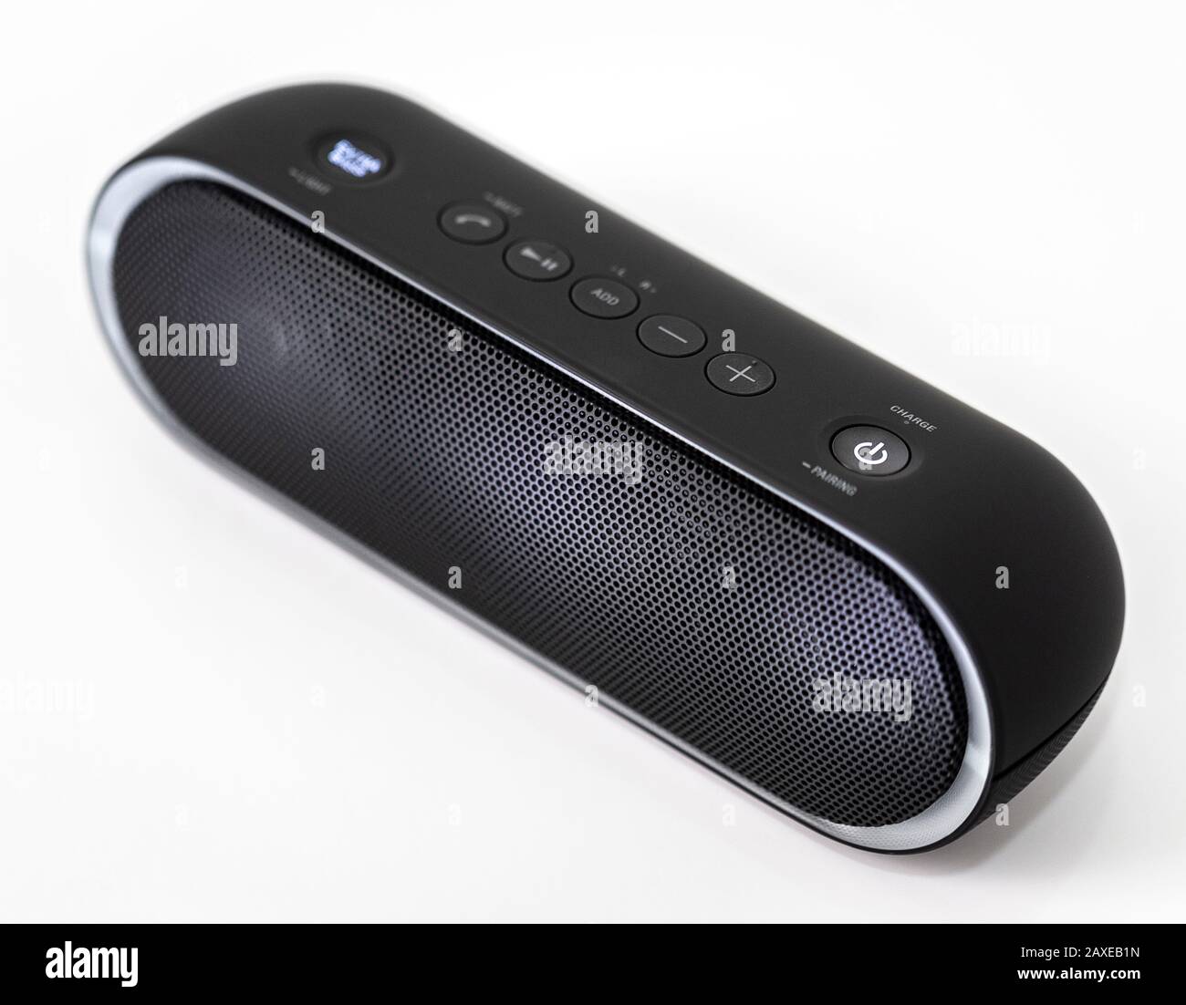 Black Bluetooth speaker with lights on isolated in white background ...