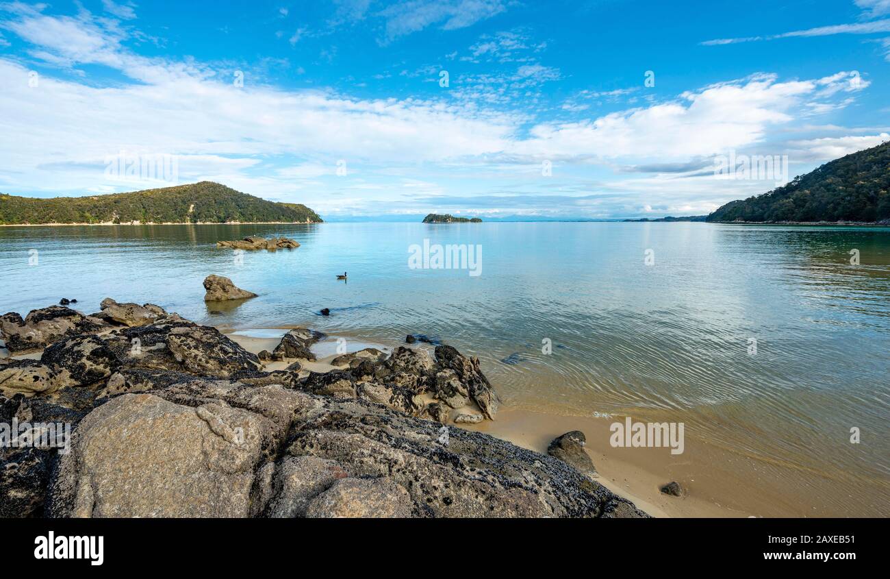 View from Stillwell Bay beach to Adele Island, Abel Tasman National Park, Tasman, South Island ...