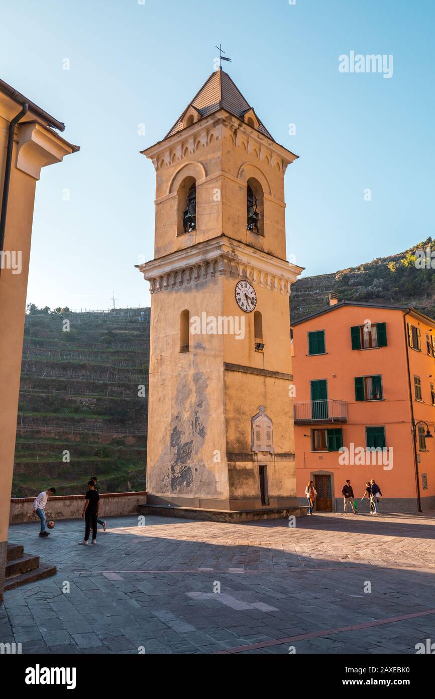 Italian church in the typical village Manarola in Cinque Terre, Italy ...