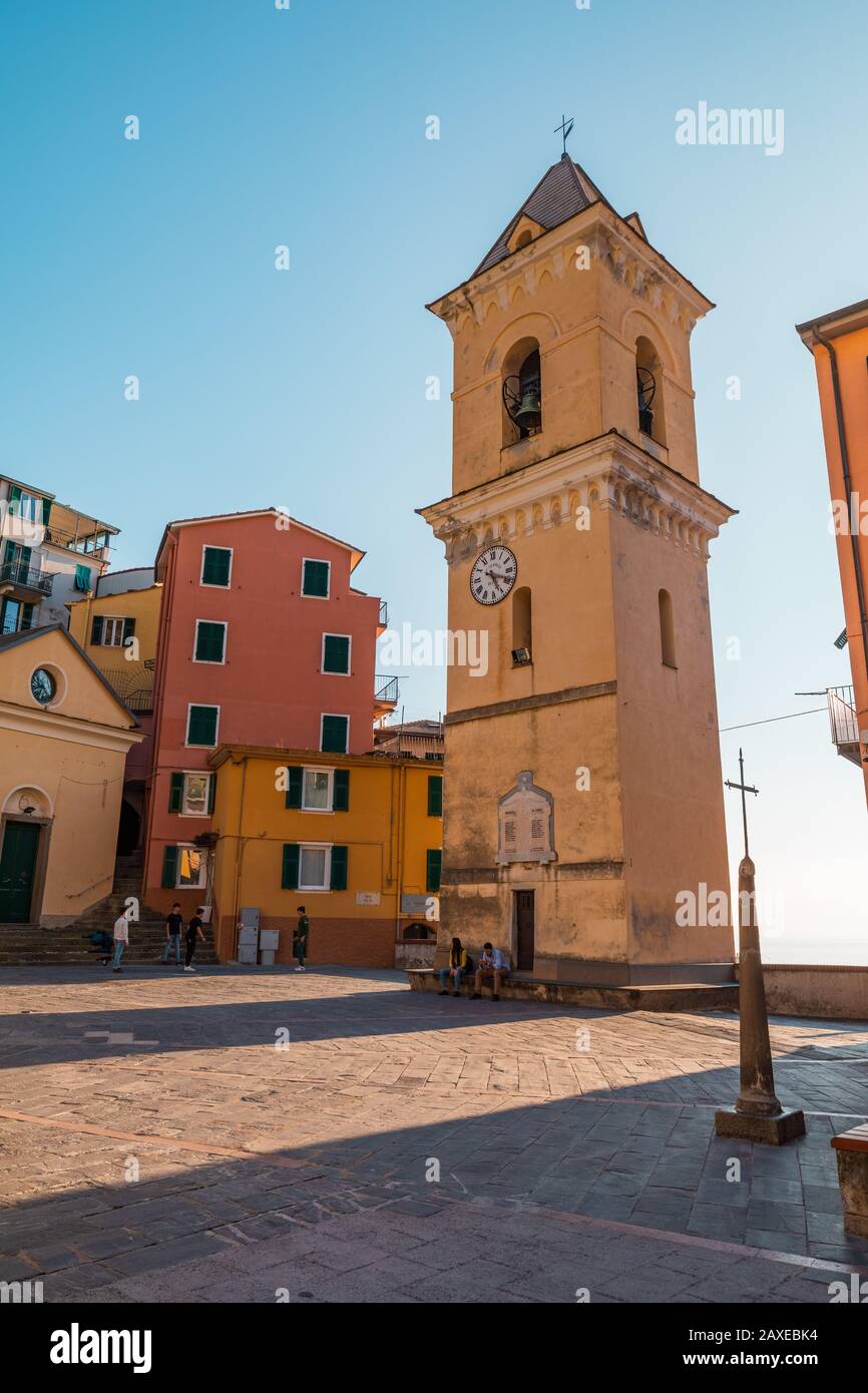 Italian church in the typical village Manarola in Cinque Terre, Italy ...