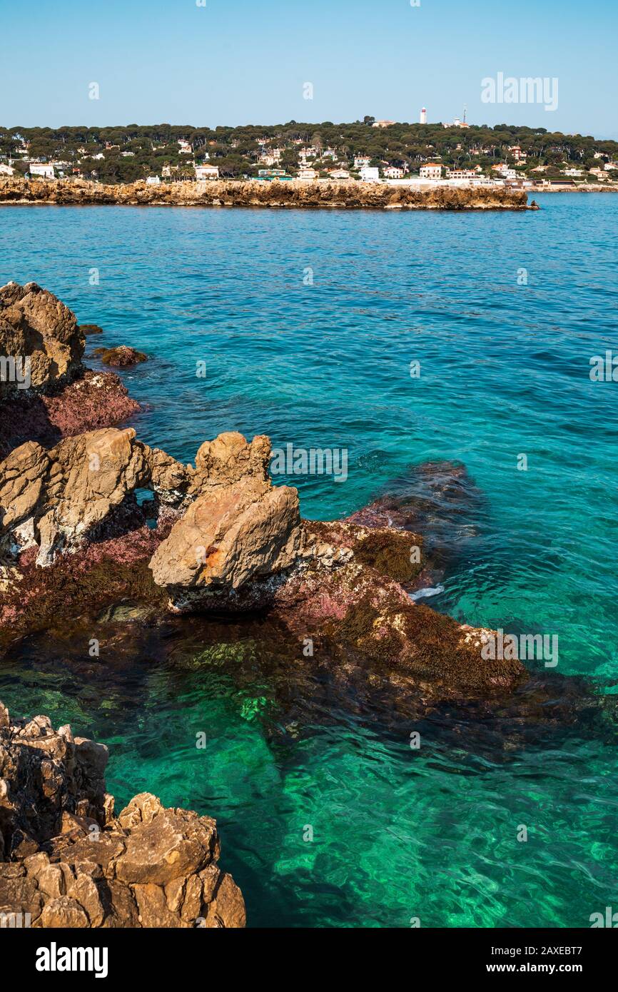 Tropical scenery with aqua blue water in the bay of Antibes, French ...