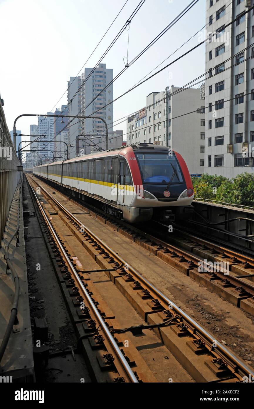 Shanghai metro line 3 train approaches a station, Shanghai, China Stock ...