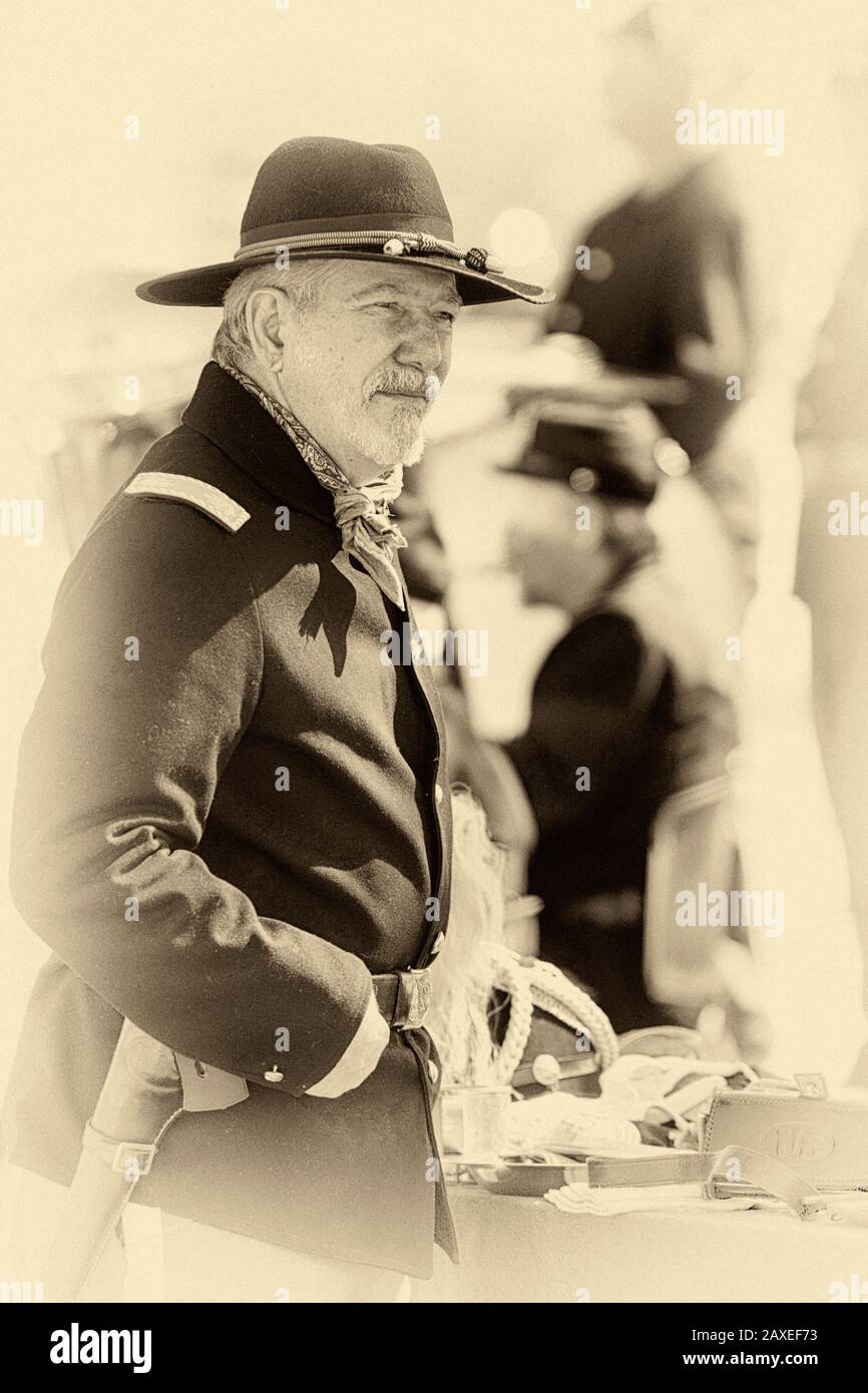 US Army renactor in an 1880s uniform of an Officer in the 5th Cavalry ...