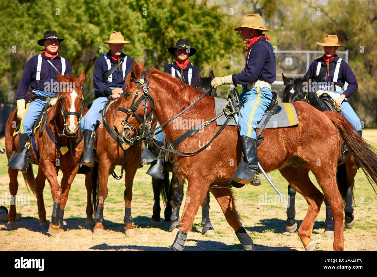 Renactors dressed in the uniform of the 1880s US Army soldiers in the ...