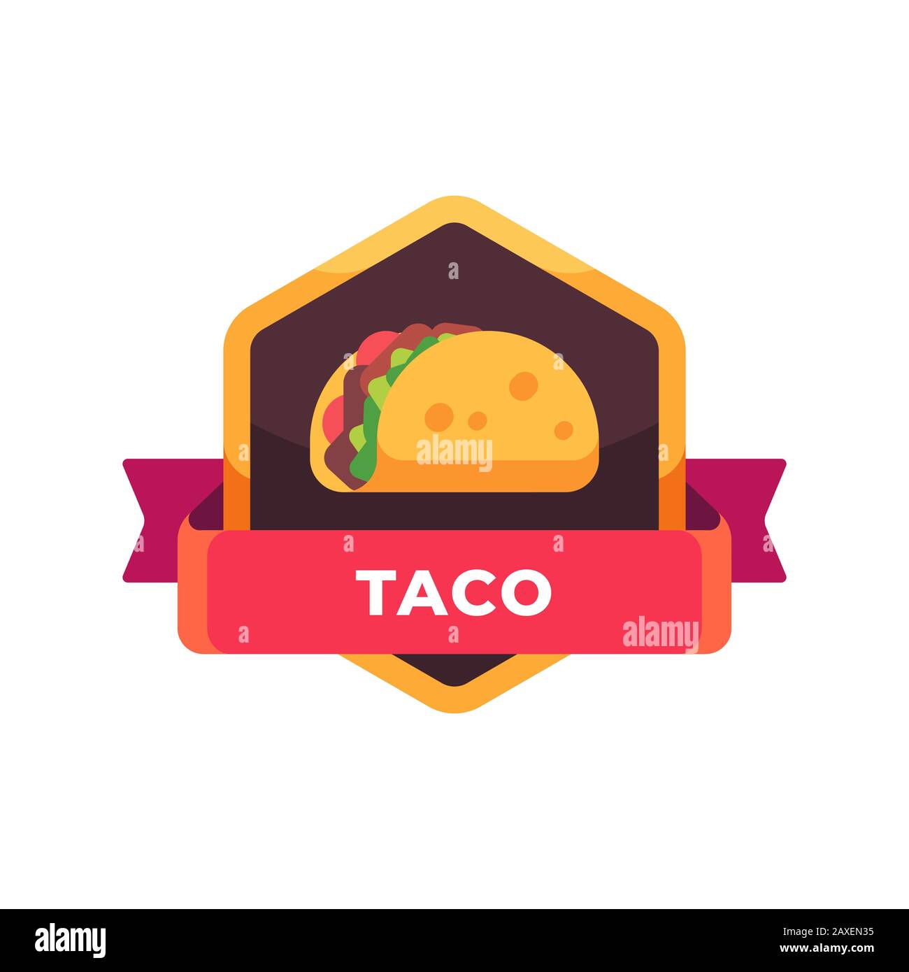 Taco with salad and tomatoes. Mexican fast food label Stock Photo - Alamy