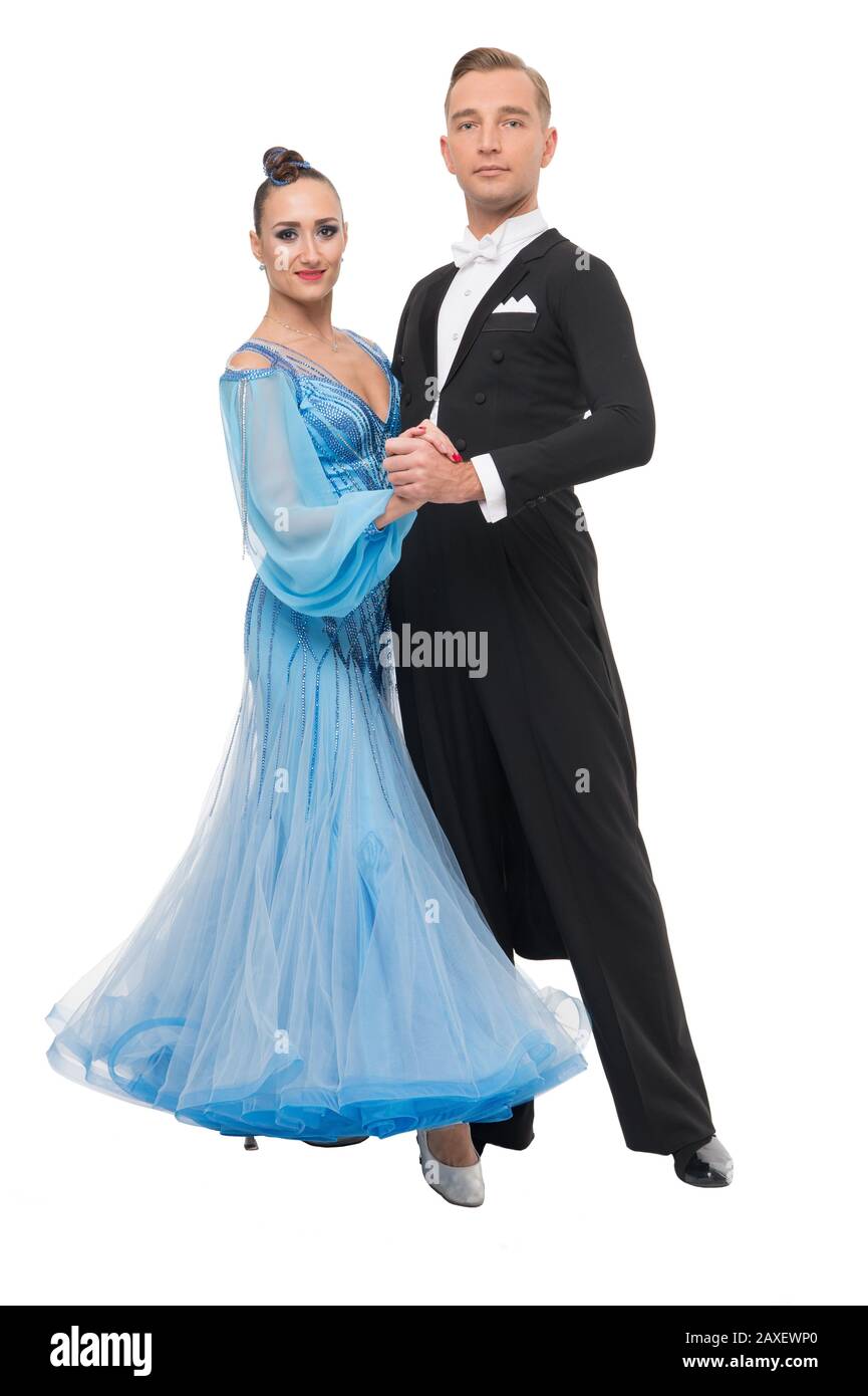 dance ballroom couple in red dress dance pose isolated on black ...