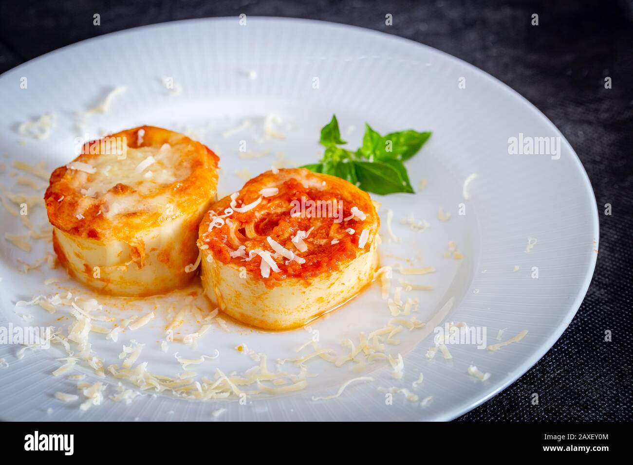 Italian rondelli with pomodoro sauce and cheese on rustic background ...