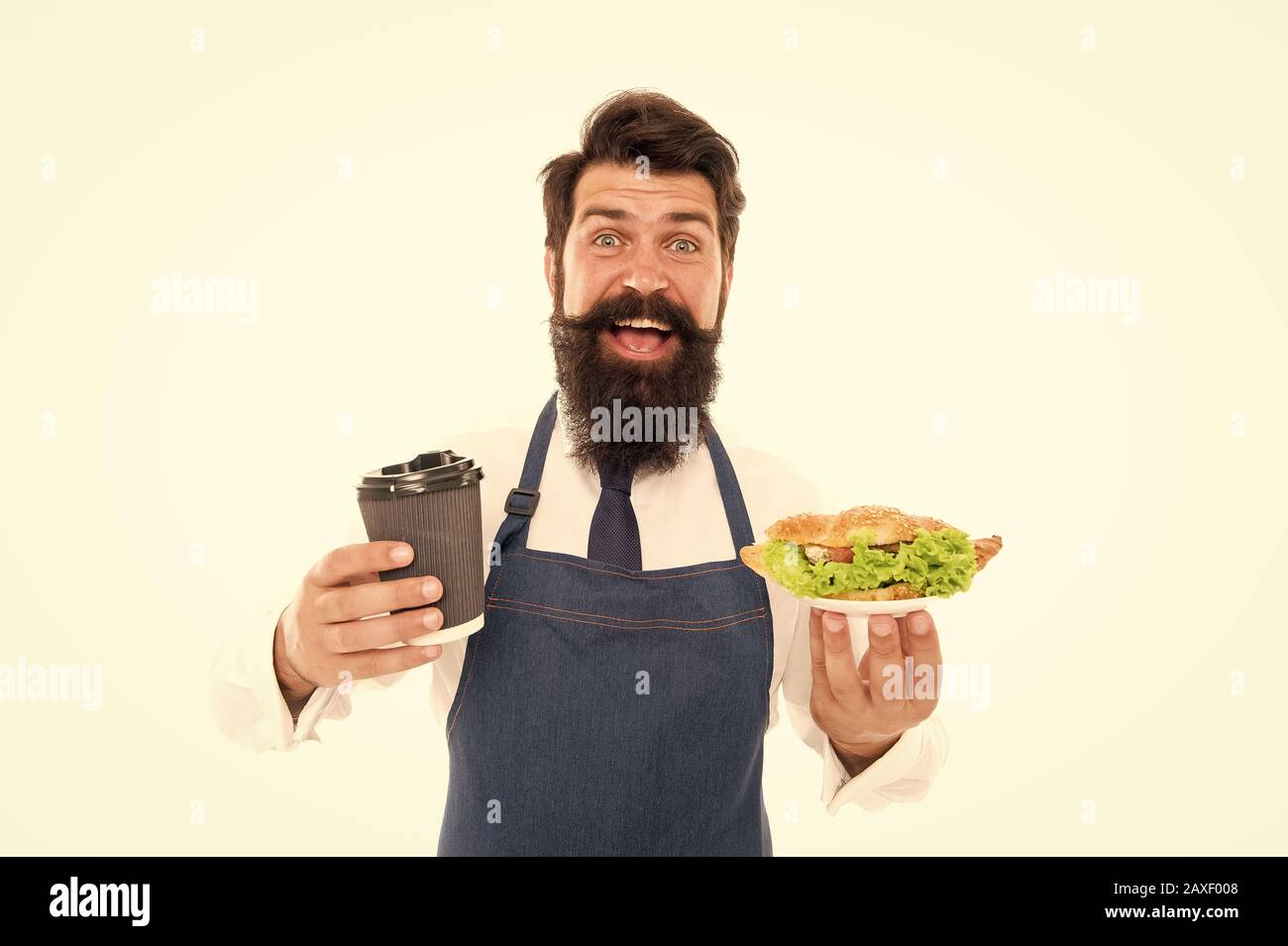 Cafe food concept. Enjoy your meal. Guy serving croissant stuffed ...