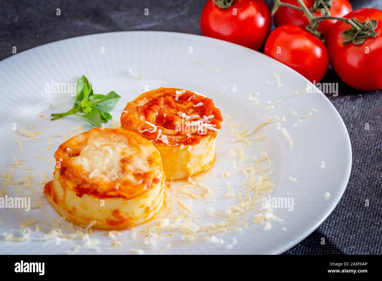 Italian rondelli with pomodoro sauce and cheese on rustic background ...