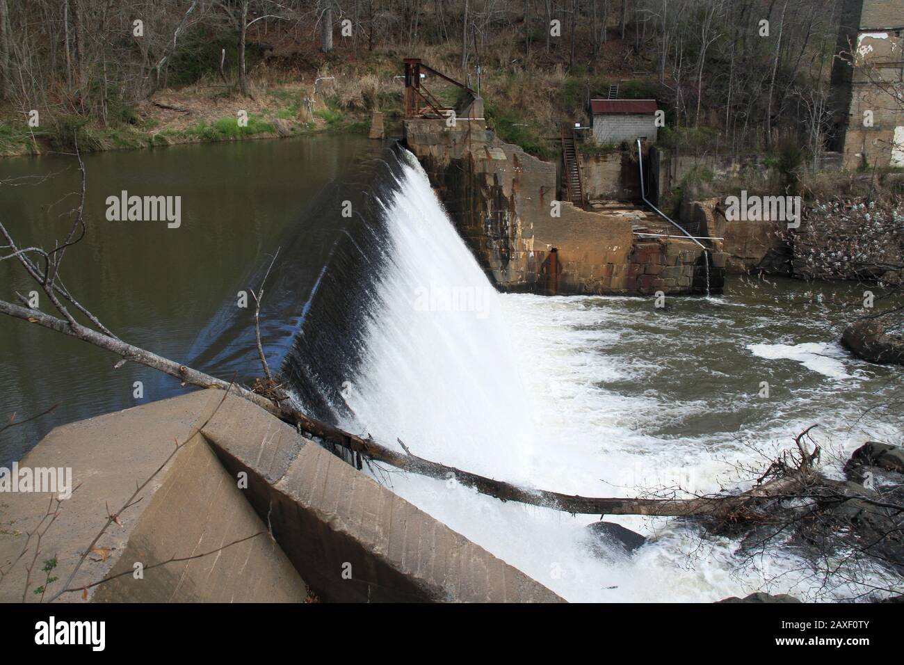 The old dam on Rockfish River near Schuyler, VA, USA. Powerhouse ...