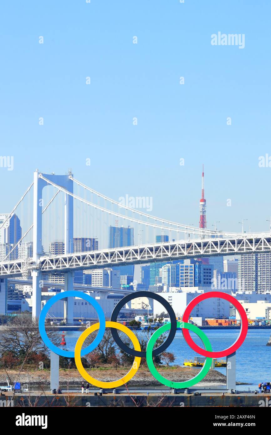 The Olympic rings are displayed on a floating barge at Odaiba Marine ...