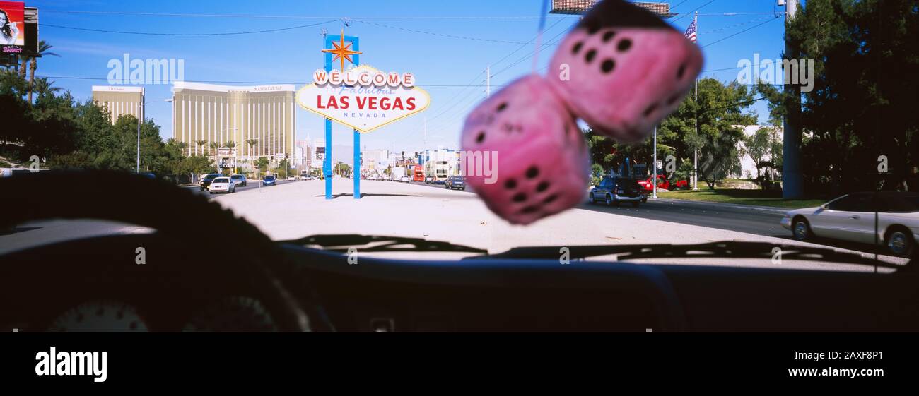 Welcome sign board at a road side viewed from a car, Las Vegas, Nevada ...