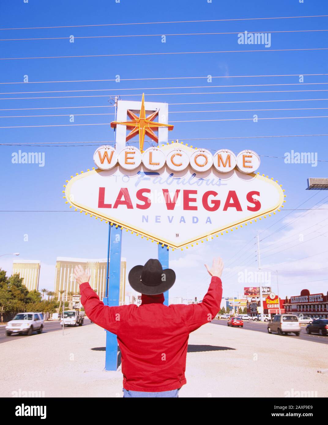 Rear view of a man standing in front of a welcome sign board, Las Vegas ...