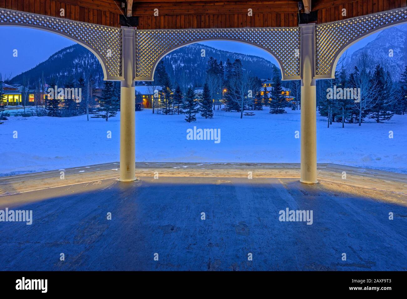 Winter morning at the Louis Trono Gazebo in downtown Banff, Alberta ...