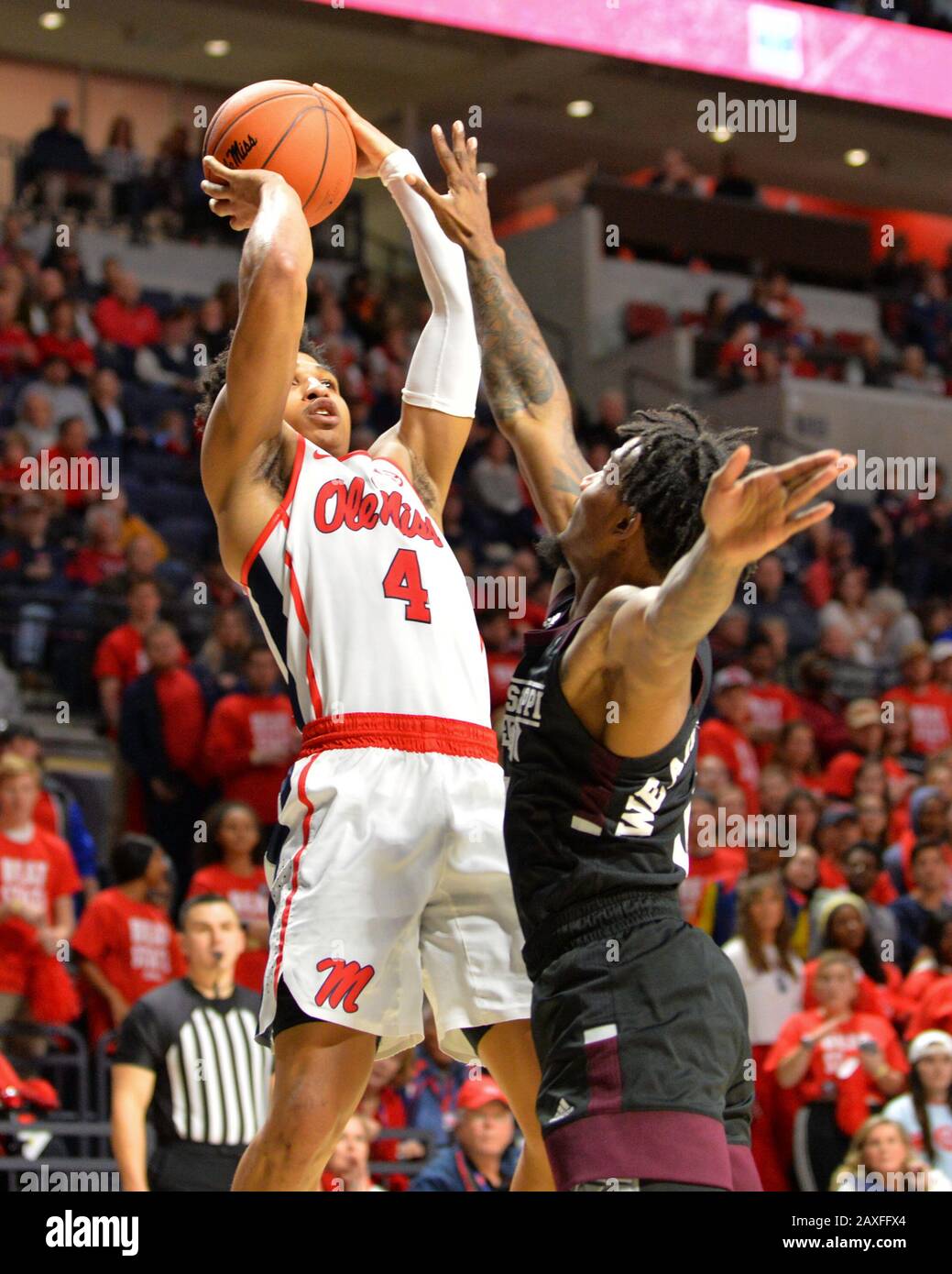 Oxford, MS, USA. 11th Feb, 2020. Ole' Miss guard, Breein Tyree (4), takes a jump shot against ...