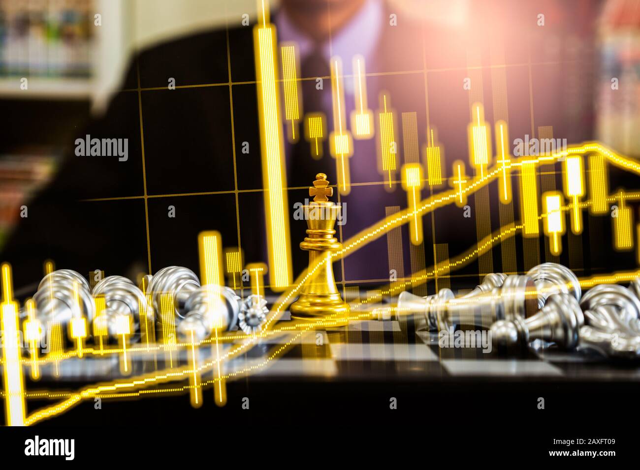 Chess game on chess board on stock market or forex trading graph chart ...