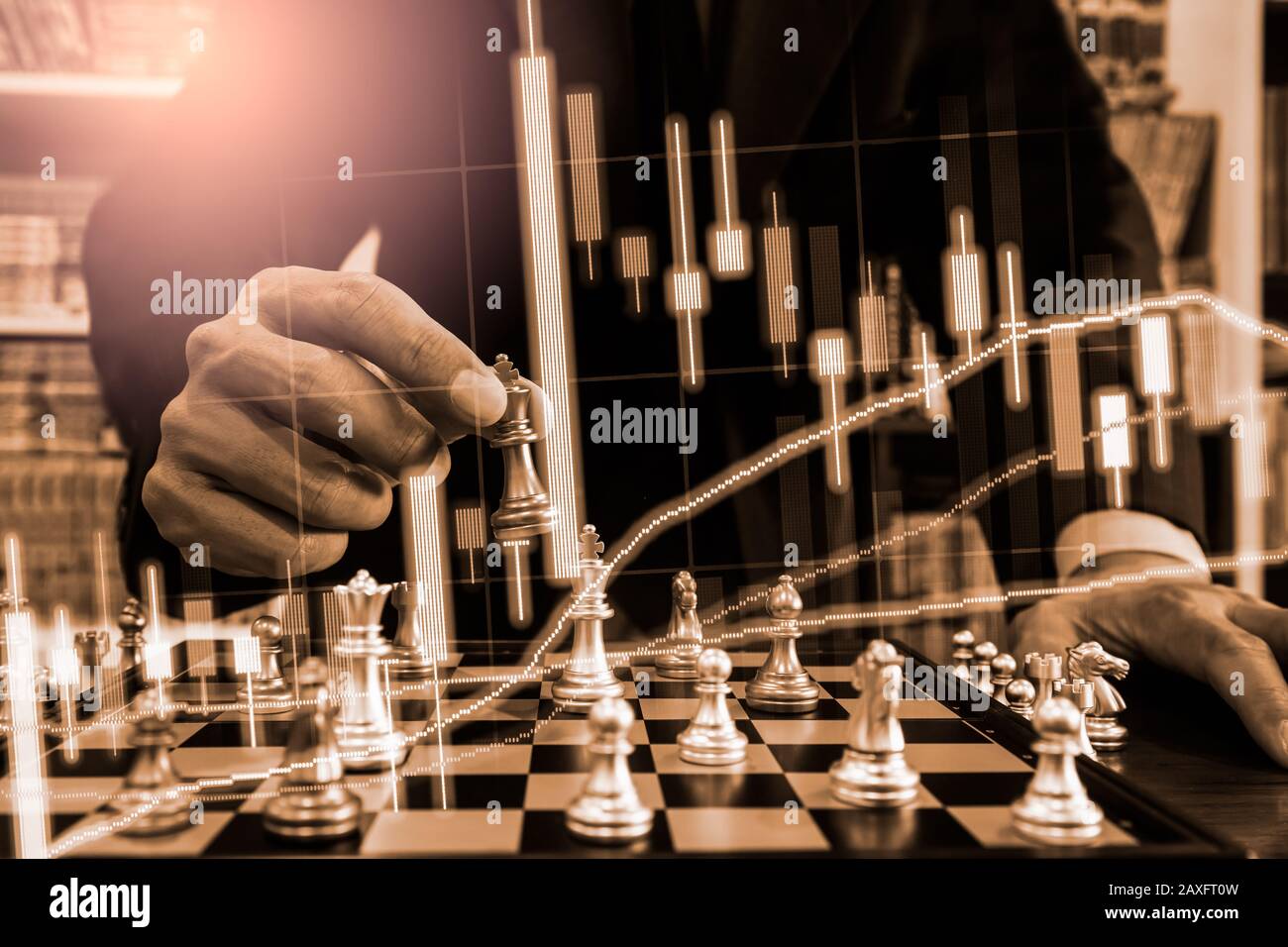 Chess game on chess board on stock market or forex trading graph chart ...