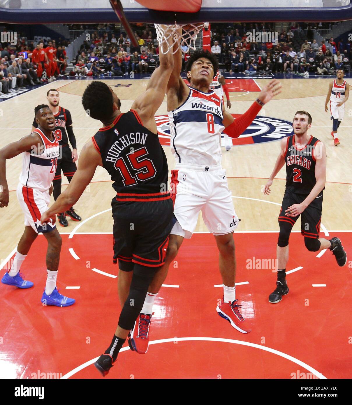 Rui Hachimura (8) of the Washington Wizards dunks during the first ...