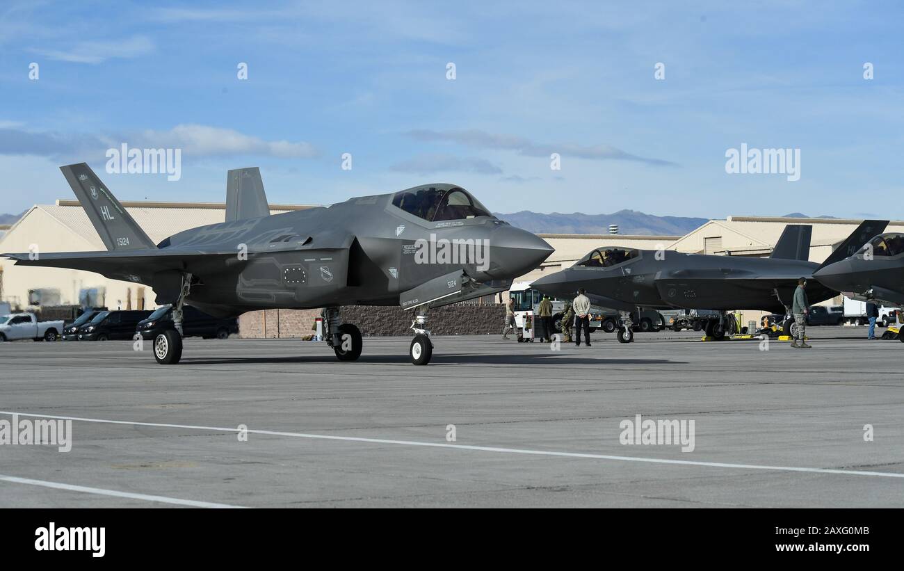 An F-35A Lightning II assigned to the 421st Fighter Squadron taxis during Red Flag 20-1 at ...