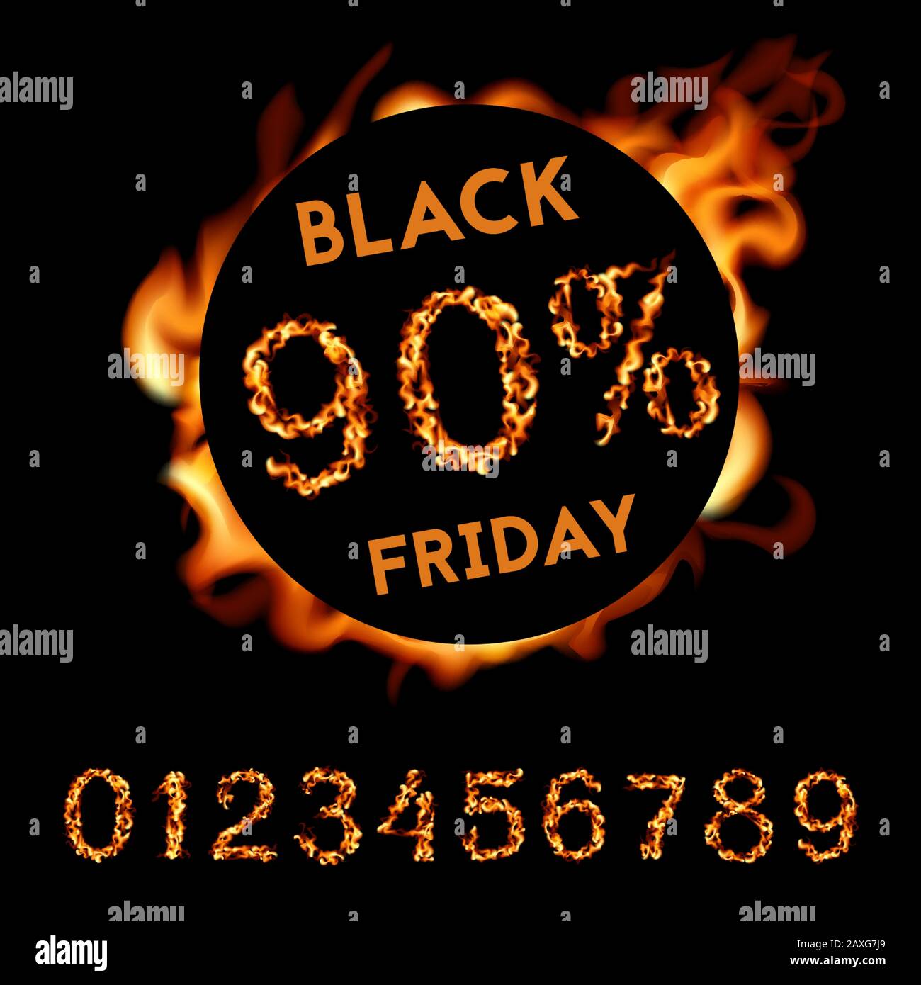 90 percent off black friday. Fire design on black background. Vector ...