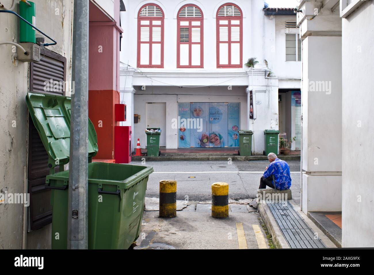 Seen from a narrow side lane of Perak Road, Little India, Singapore, a ...
