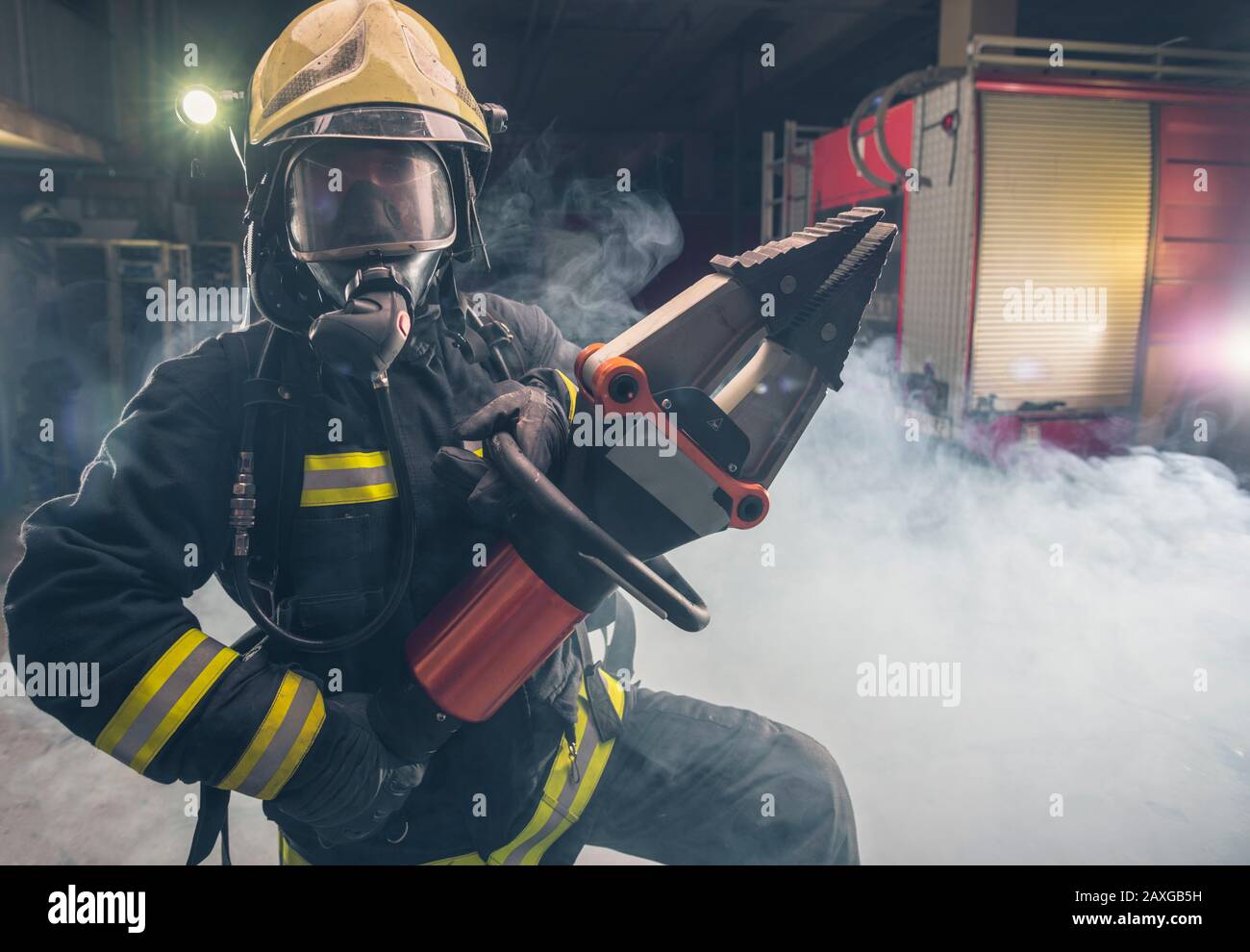 Portrait of a brave firefighter standing confident wearing full ...