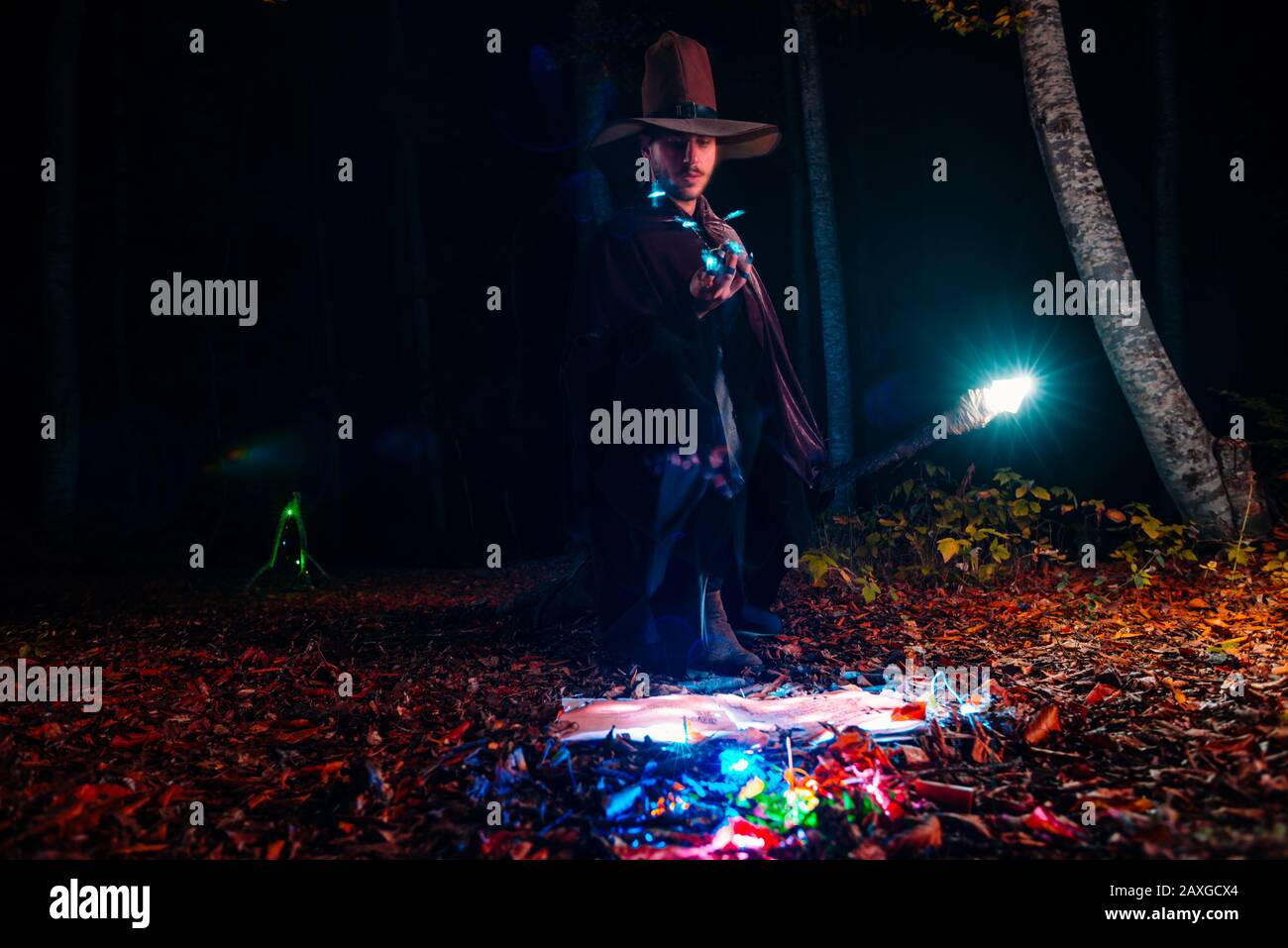 Wizard (mage) casting a spell with his magical staff while standing in ...