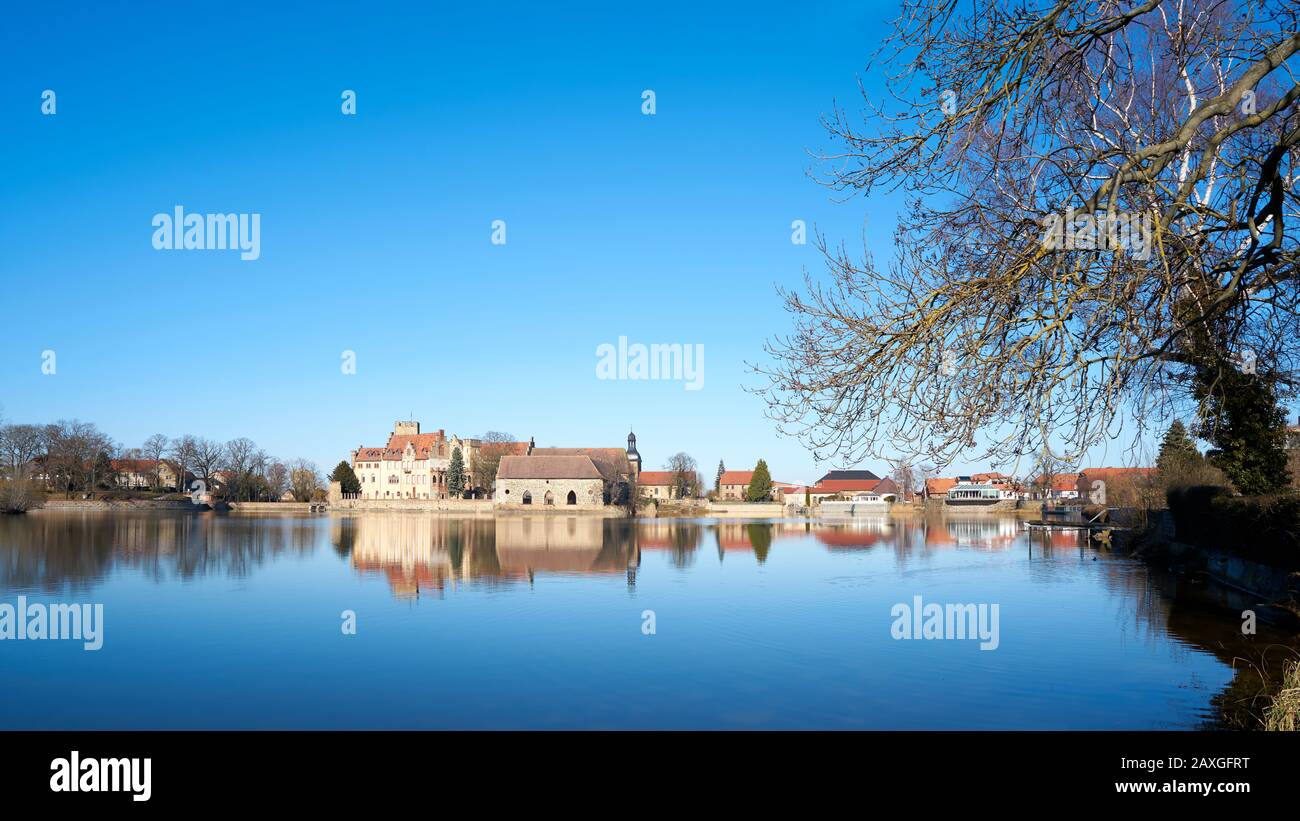 Panoramic view of the village of Flechtingen with the moated castle ...