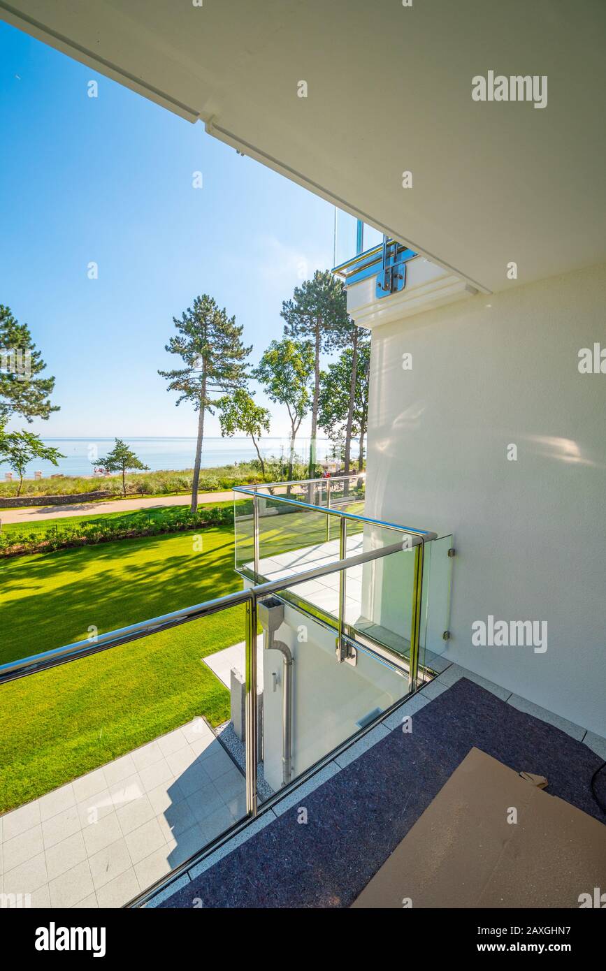 the view from the balcony of a holiday flat to the Baltic Sea with the ...