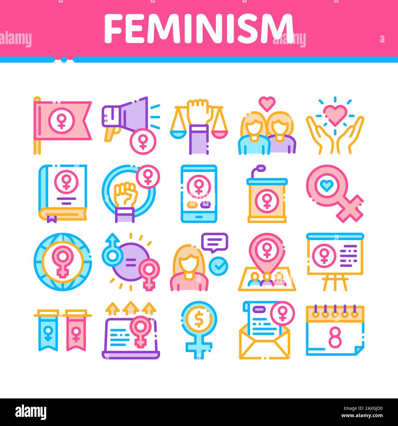 Feminism Woman Power Collection Icons Set Vector Stock Vector Image ...